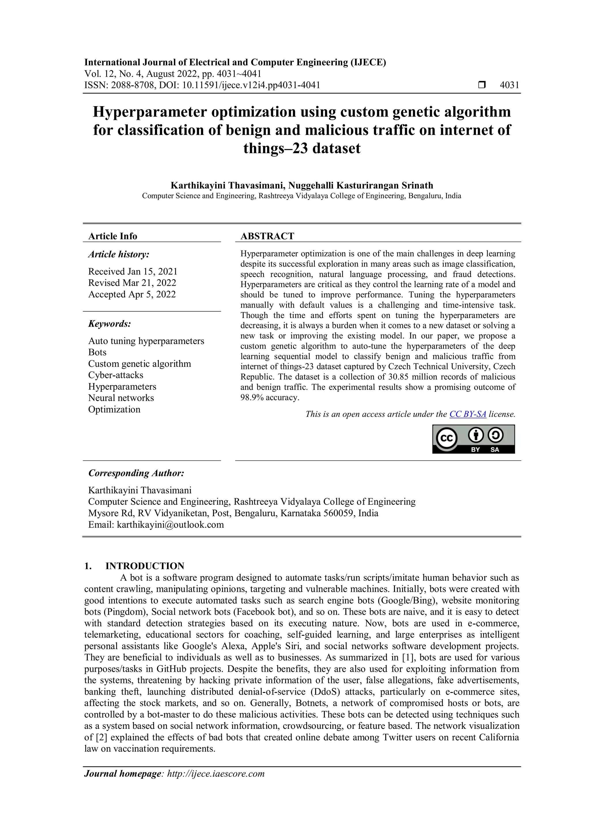 Hyperparameter Optimization Using Custom Genetic Algorithm For Classification Of Benign And 