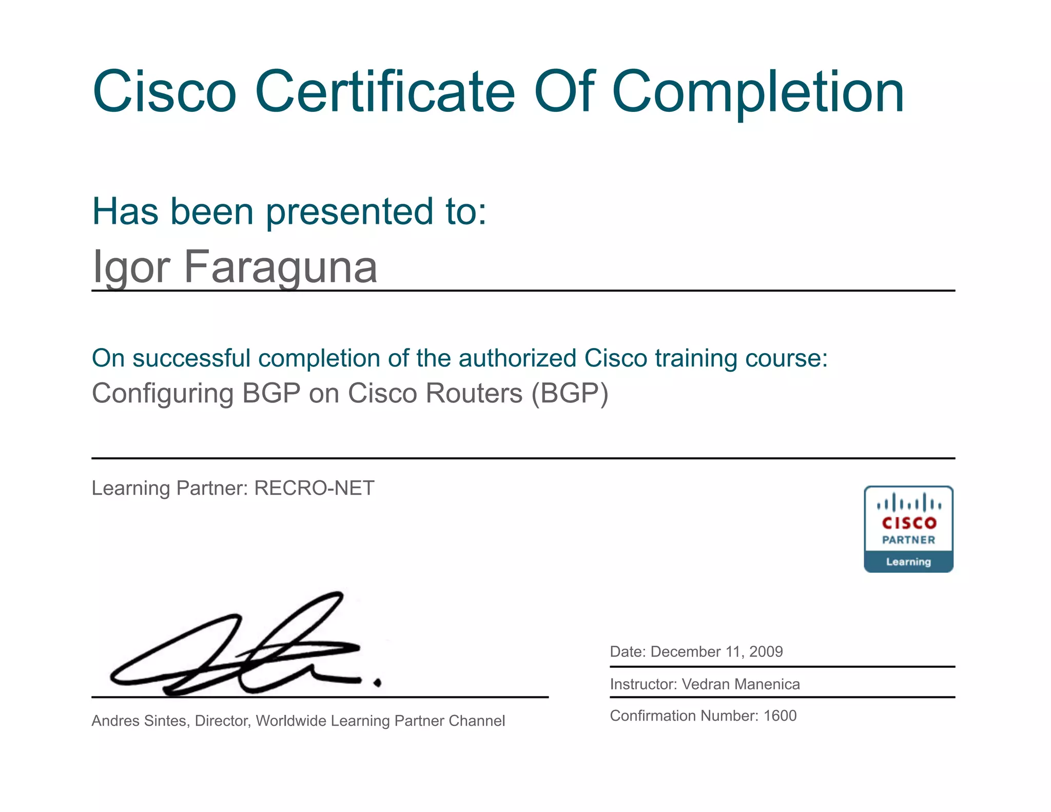 Cisco Learning Partner Certificate_224688 | PDF