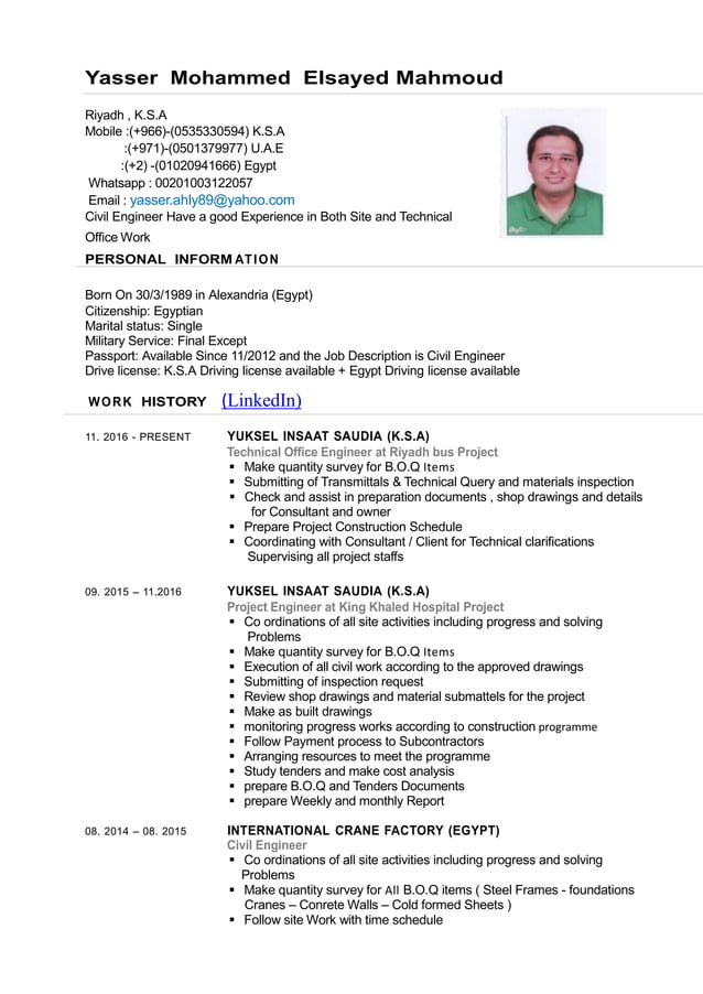 yasser C.V (K.S.A).. | PDF | Civil Engineering Industry | Industries