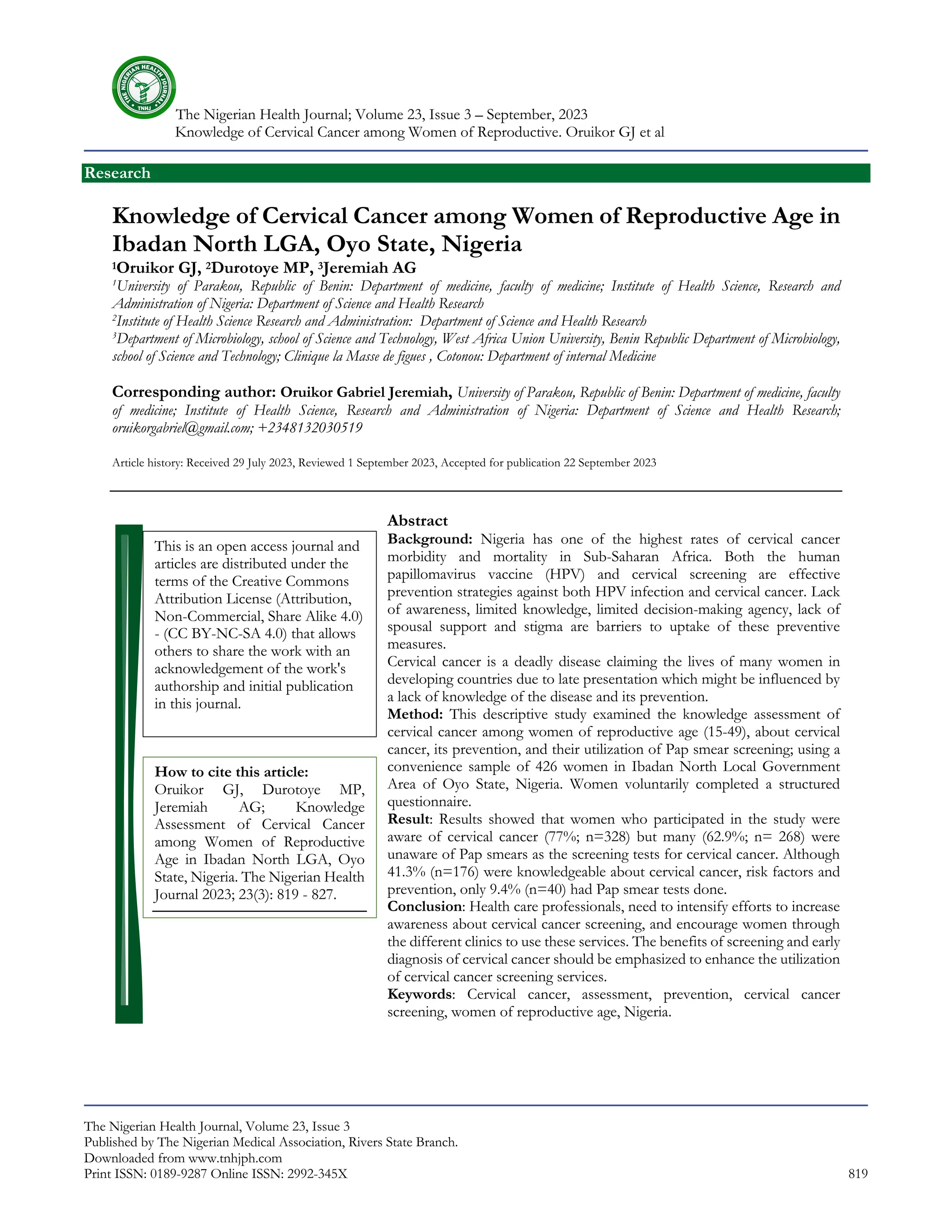 Knowledge of Cervical Cancer among Women of Reproductive Age in Ibadan ...