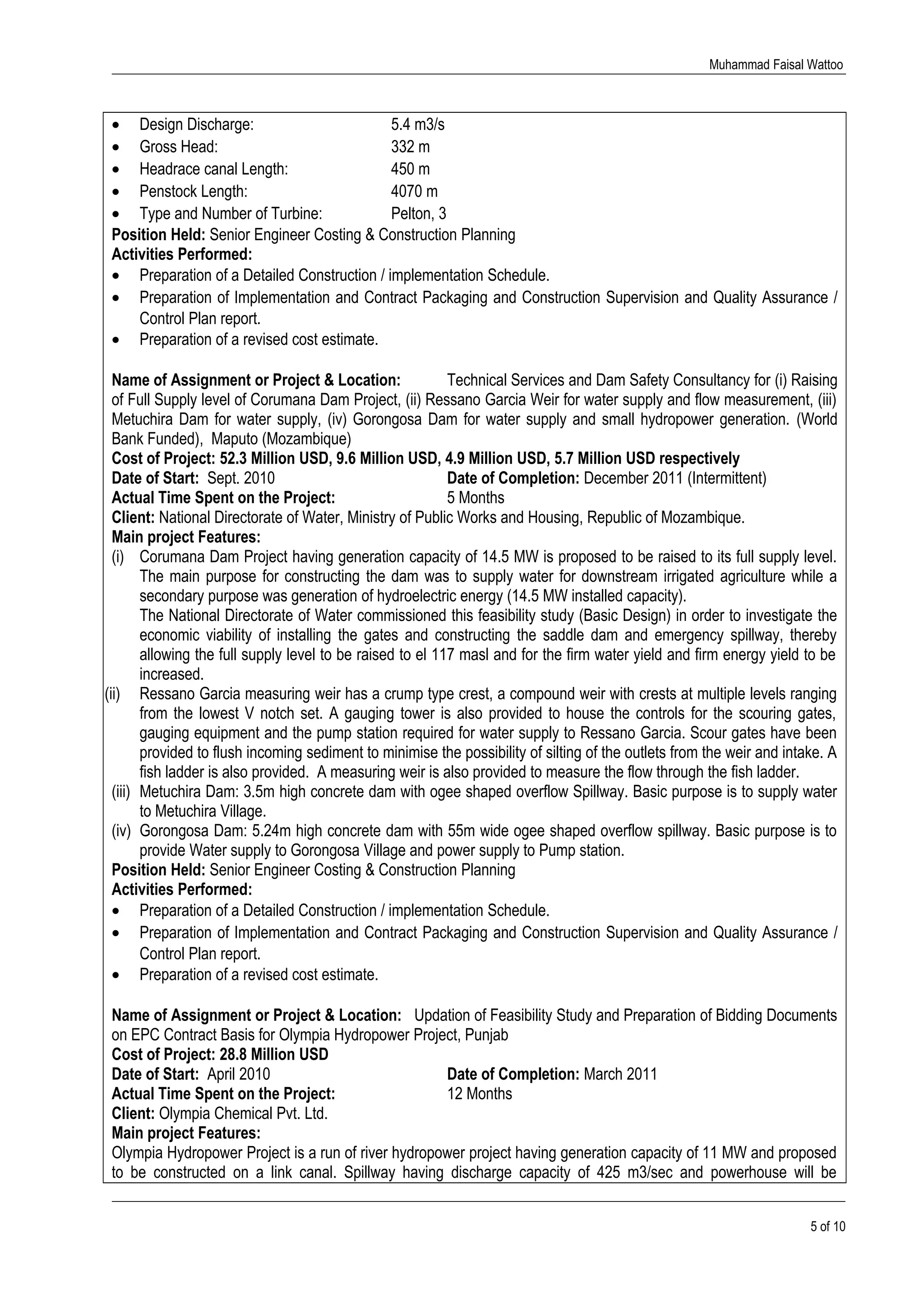 Muhammad Faisal Wattoo - COST OF PROJECTS | DOC