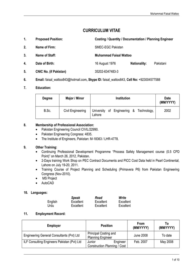 Muhammad Faisal Wattoo - COST OF PROJECTS | DOC