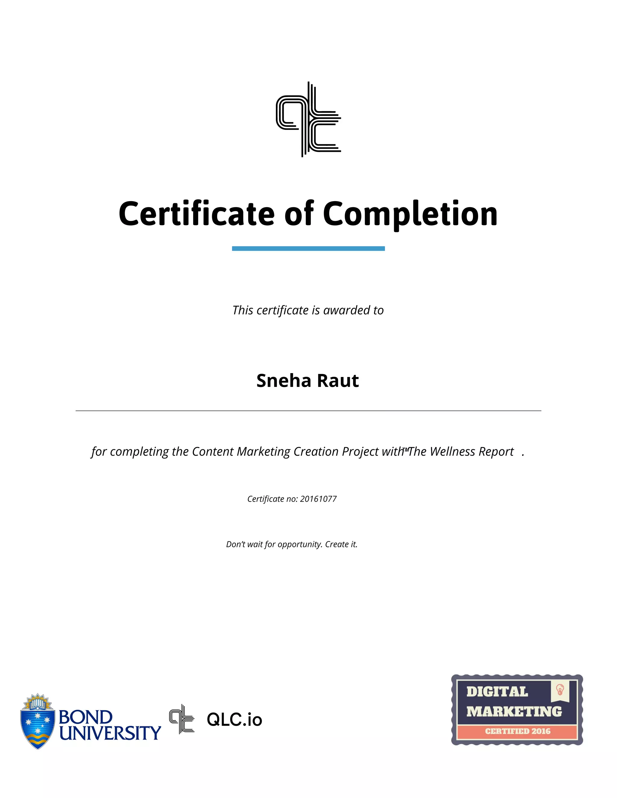 QLC.io x Bond Completion Certificate - Digital Marketing Level 1 | PDF