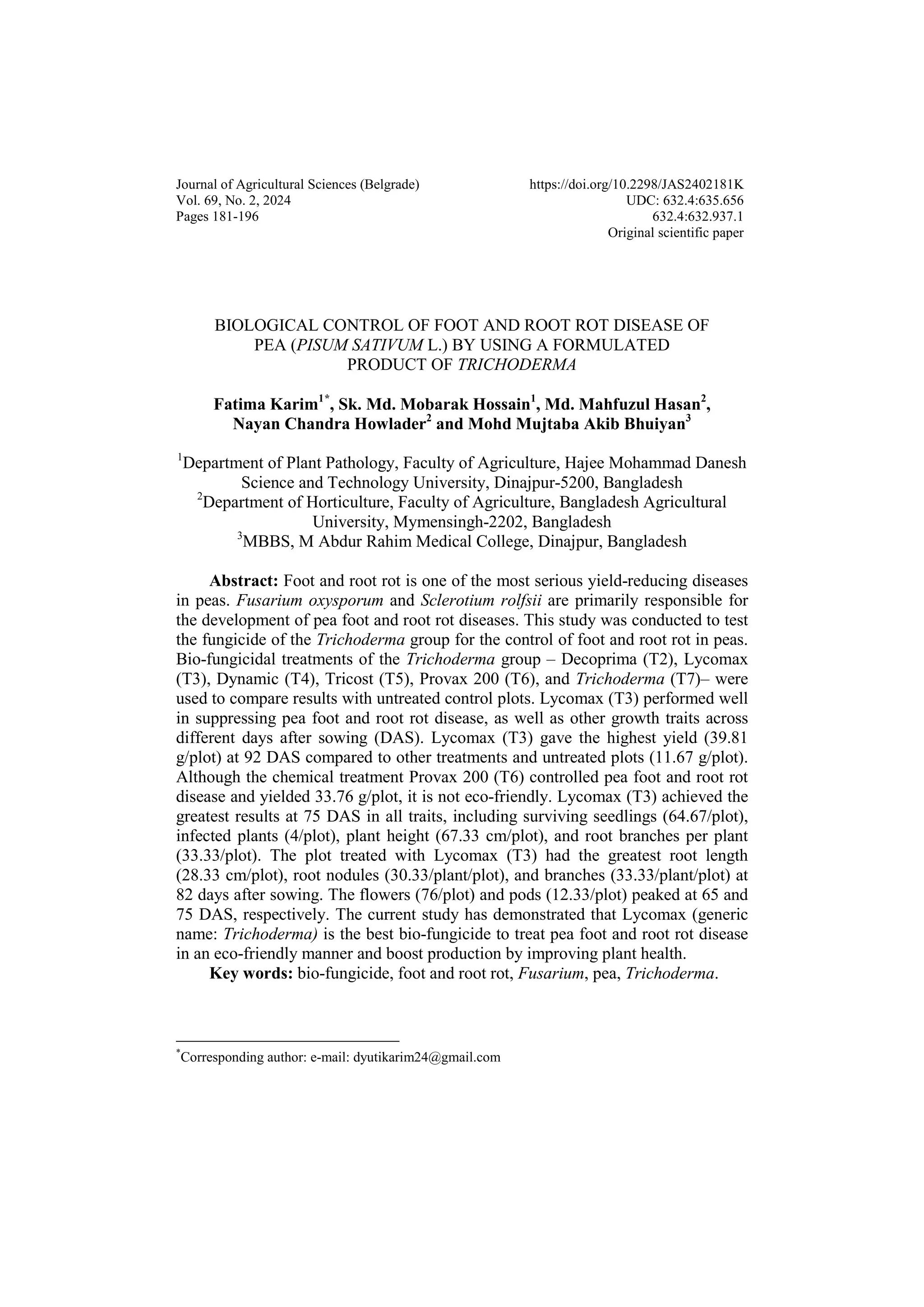 BIOLOGICAL CONTROL OF FOOT AND ROOT ROT DISEASE OF PEA (PISUM SATIVUM L ...