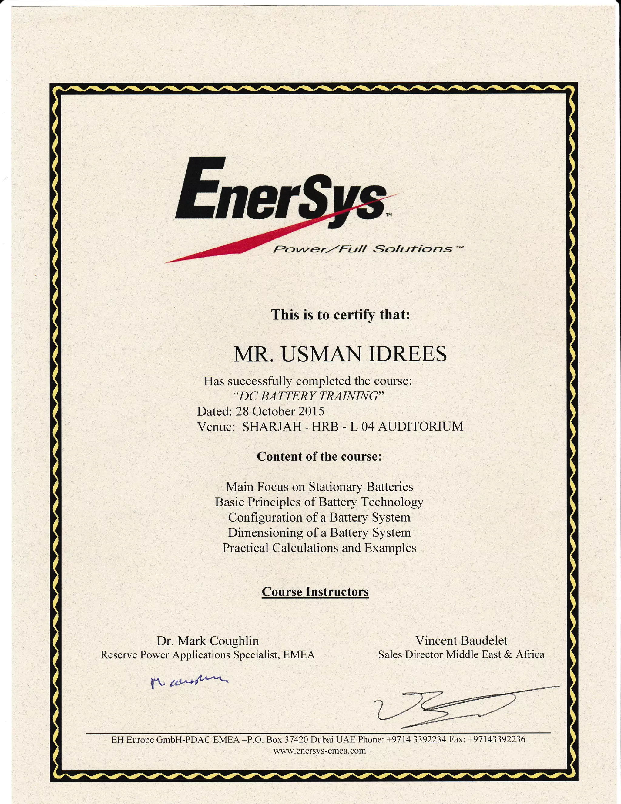 DC Battery Training Certificate by Enersys | PDF