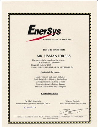 DC Battery Training Certificate by Enersys | PDF