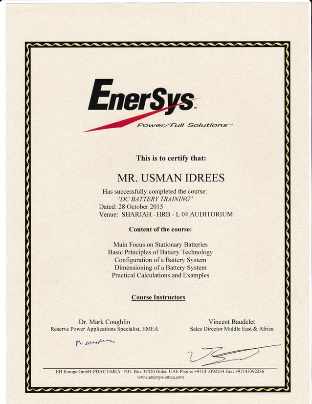 DC Battery Training Certificate by Enersys | PDF