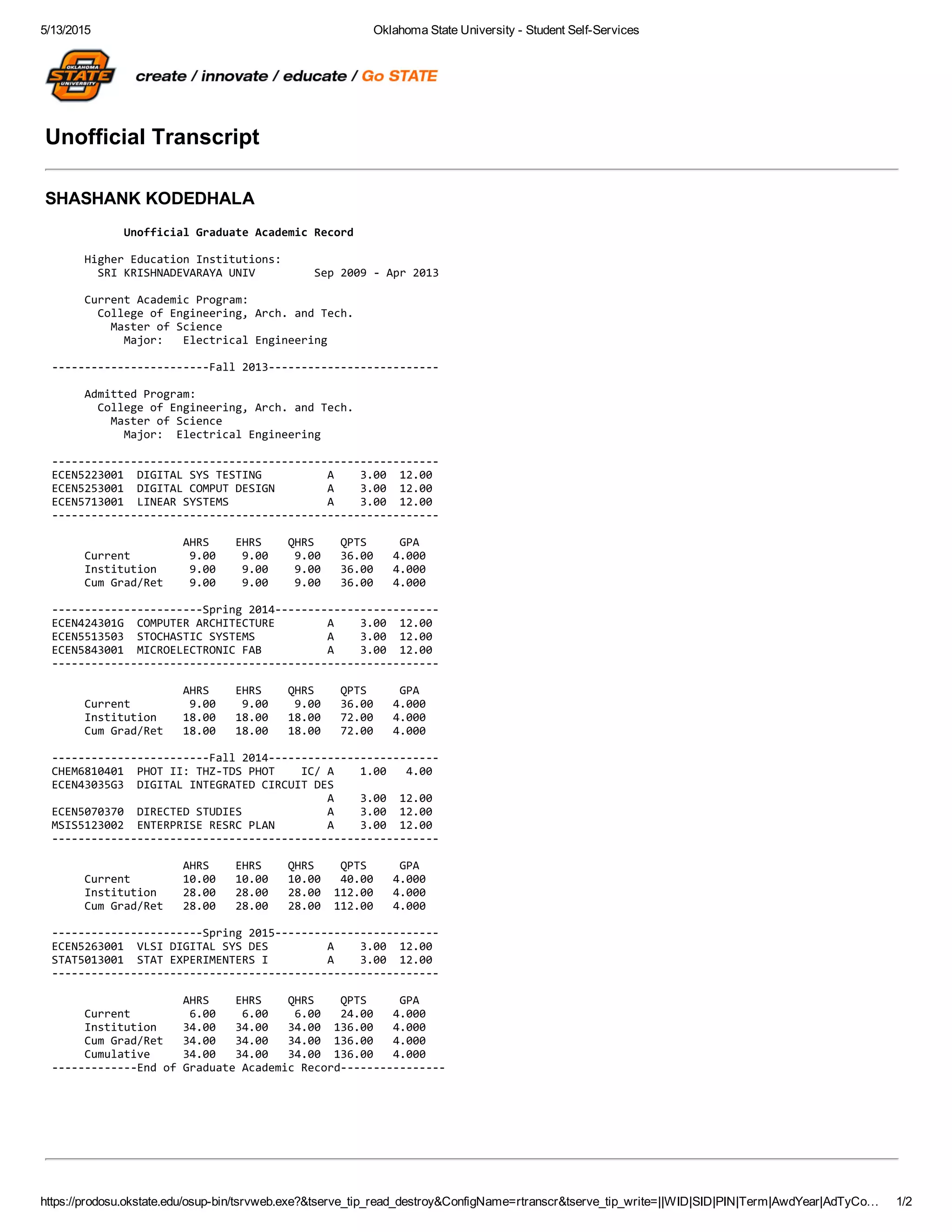 unofficial transcript | PDF