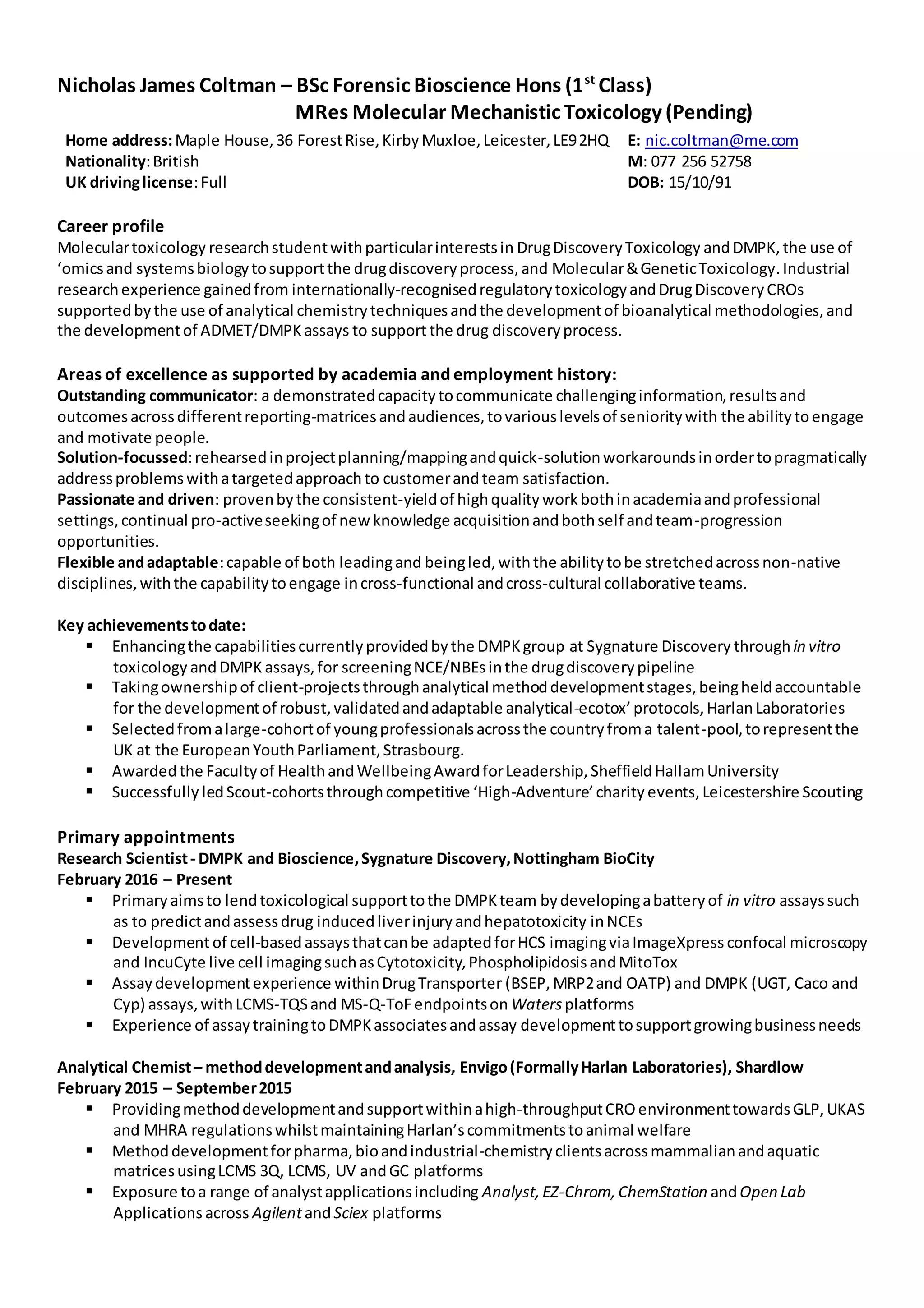 Nicholas James Coltman CV 2016 | DOCX