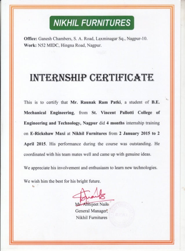 Internship Certificate - Nikhil Furnitures Internship Certificate - Nikhil Furnitures