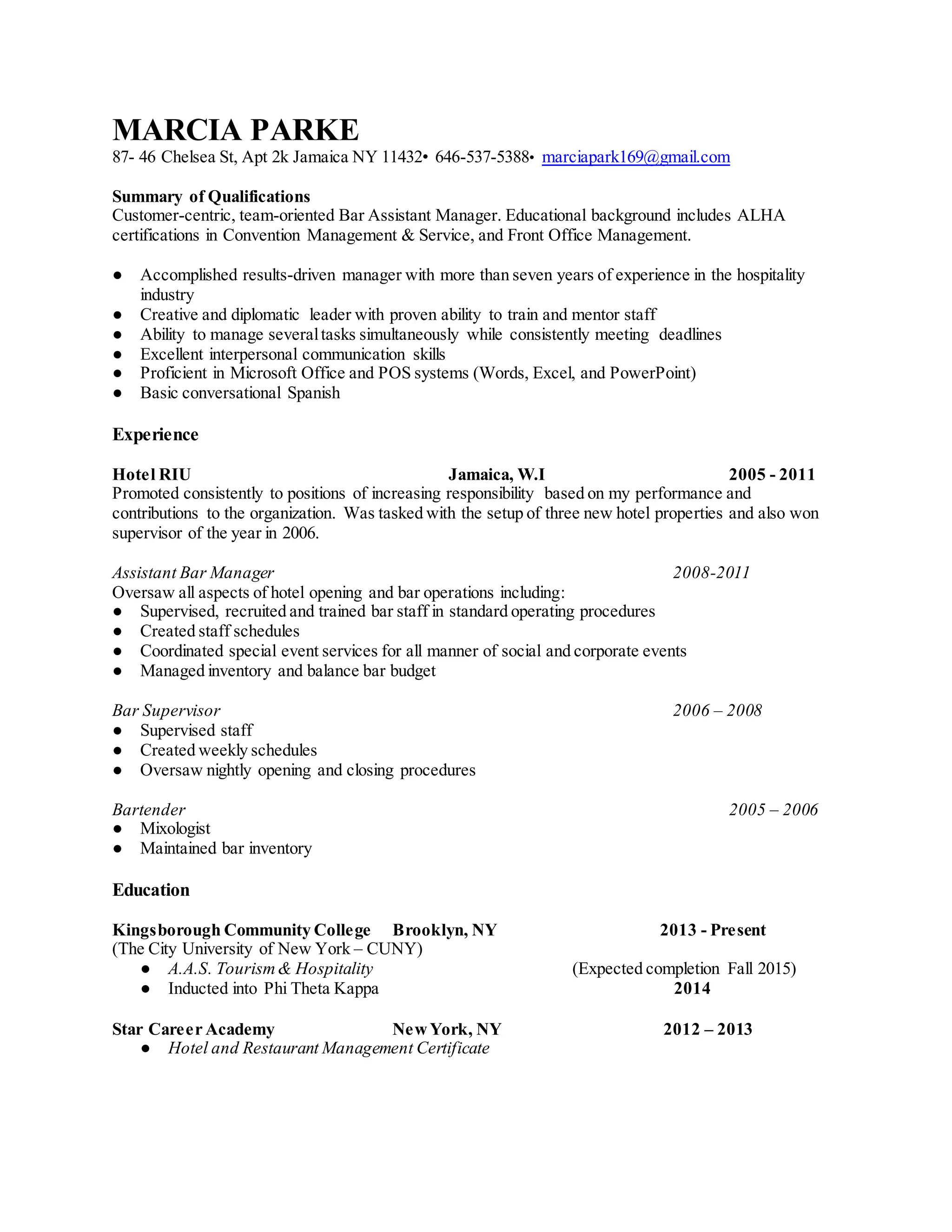 Marcia Parke Resume | DOCX | Bars & Restaurants | Attractions