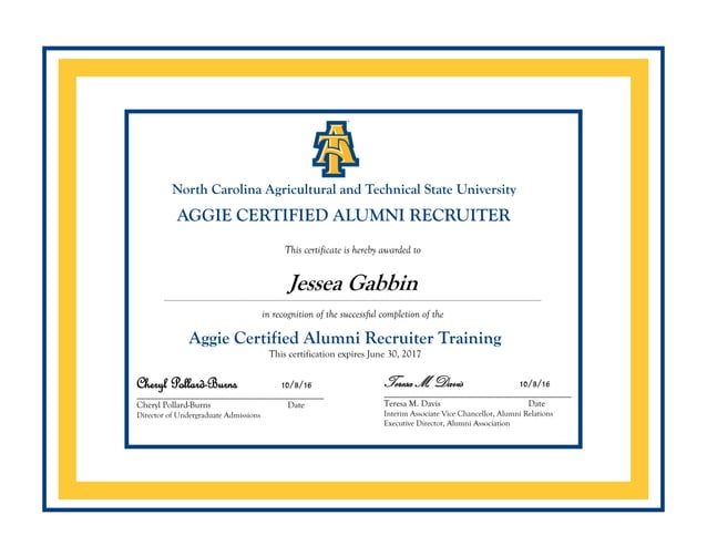 Aggie Certified Alumni Recruiter Training Certificate- Jessea Gabbin | PDF