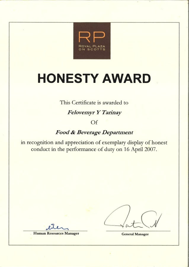 Honesty Award Certificate Of Appreciation For Being Honest at Joan Byrd ...