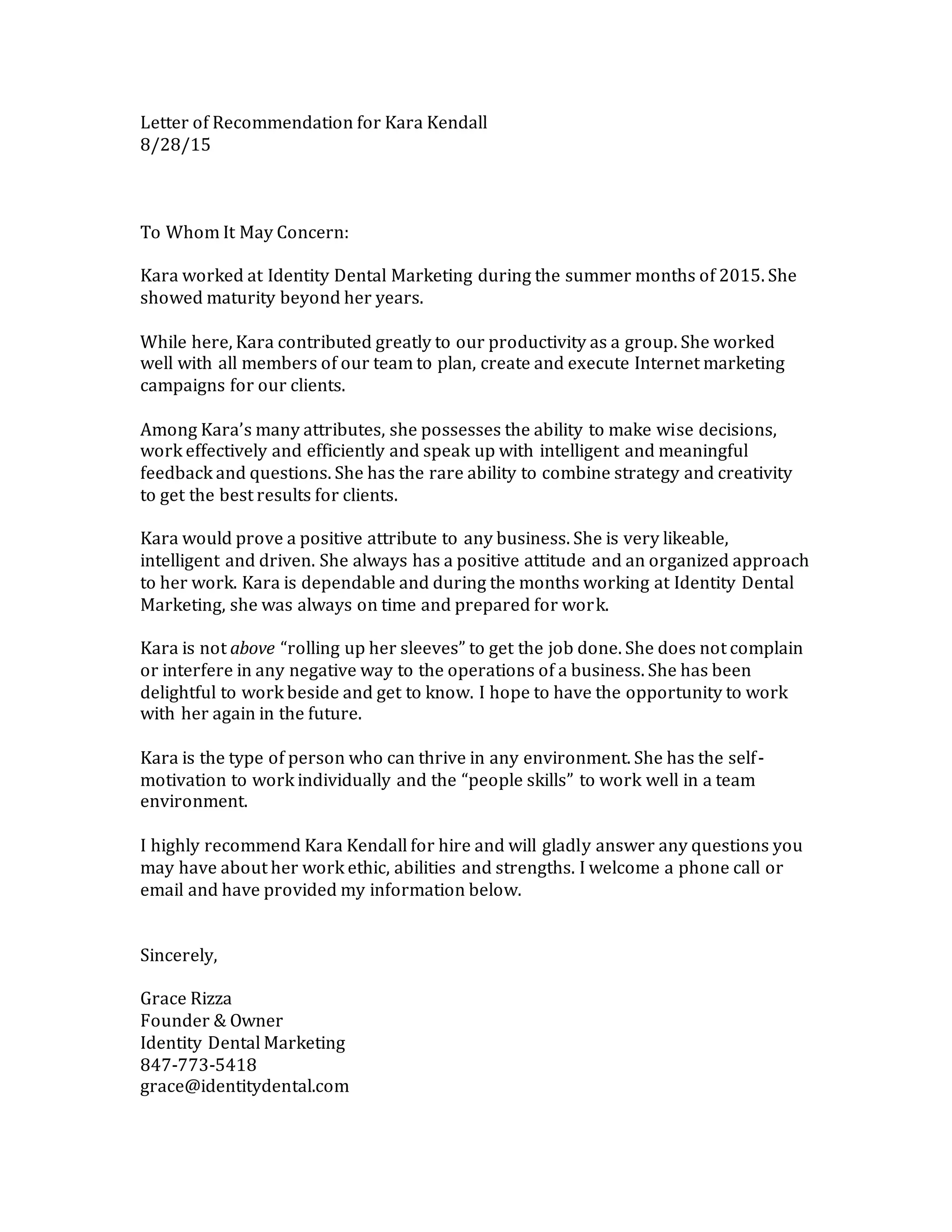 Letter of Recommendation for Kara Kendall | DOCX