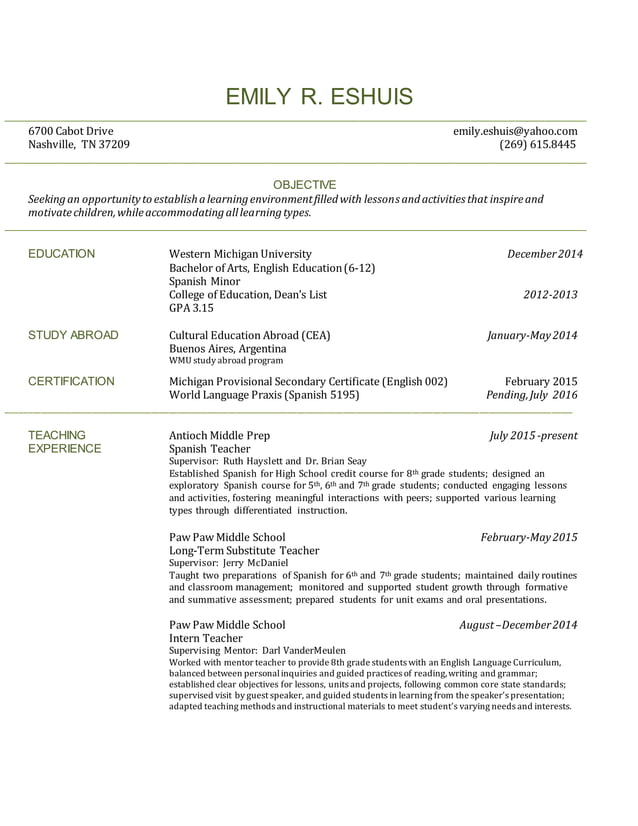 Emily Eshuis_Secondary Educator_Resume | PDF