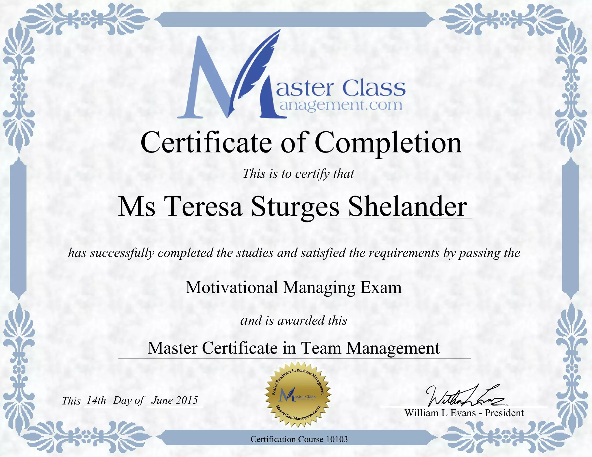 Team Management Certificate - Ms Teresa Sturges Shelander | PDF