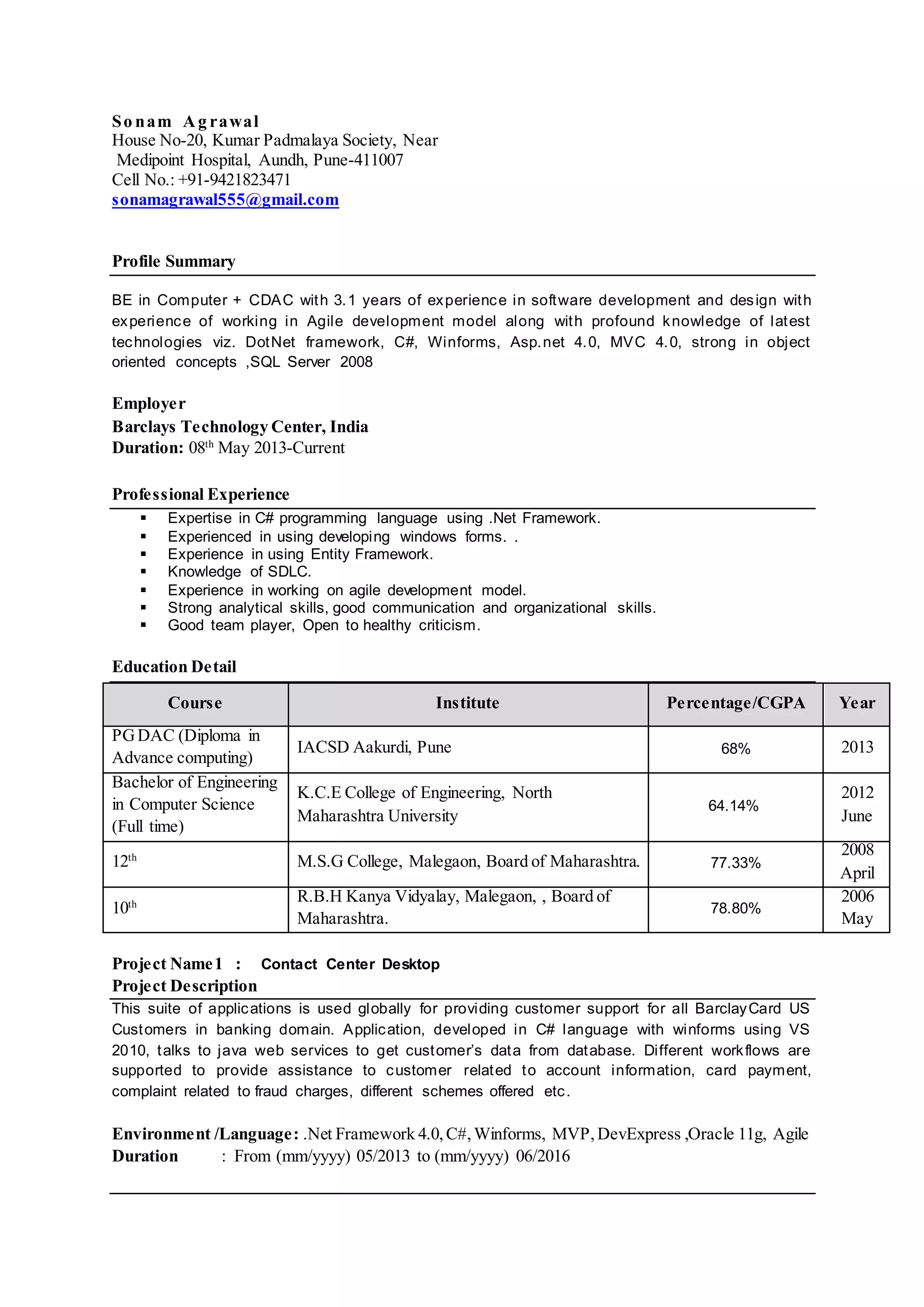 Sonam Agrawal DotNet Developer | PDF