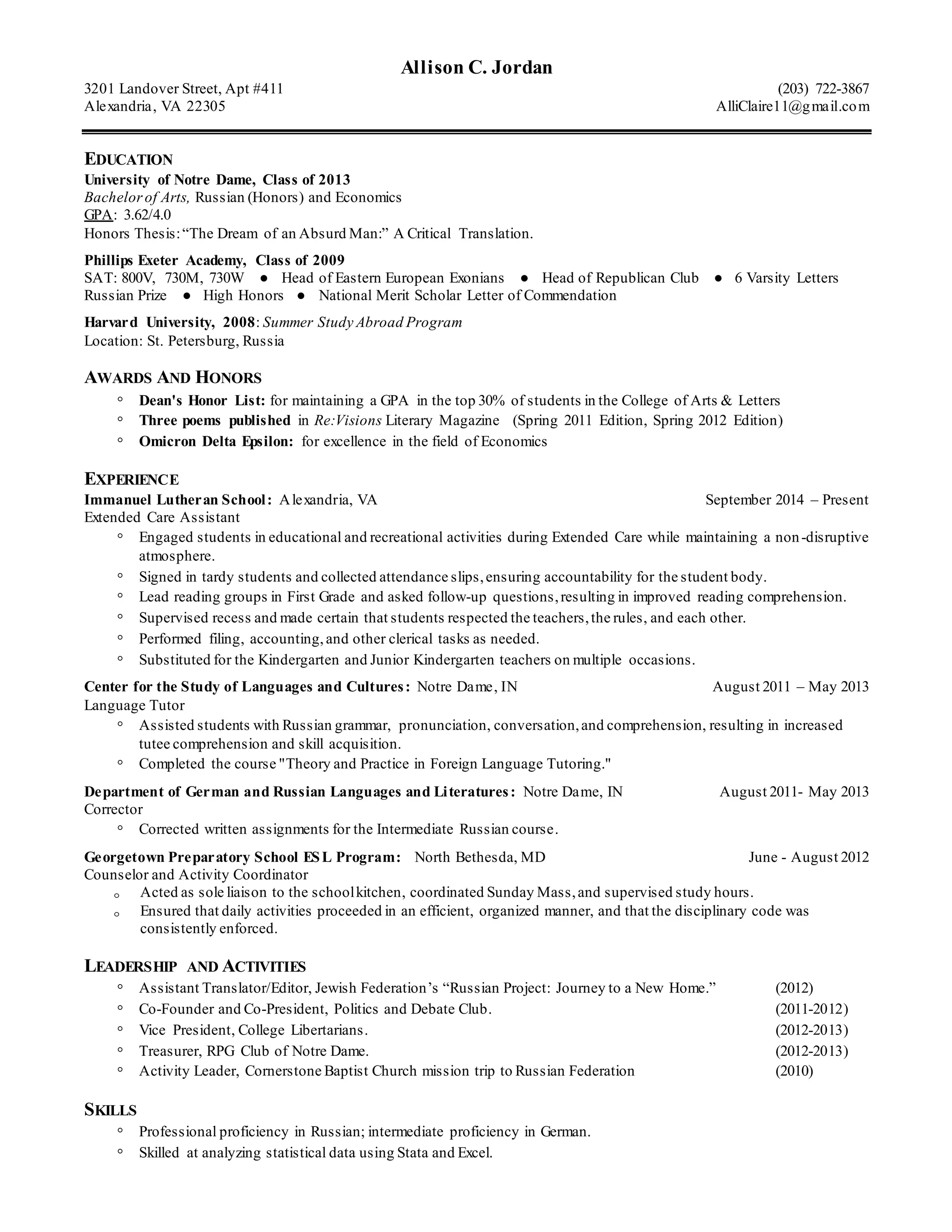 Allison Jordan Resume 4.13.2015 | College Education | Education