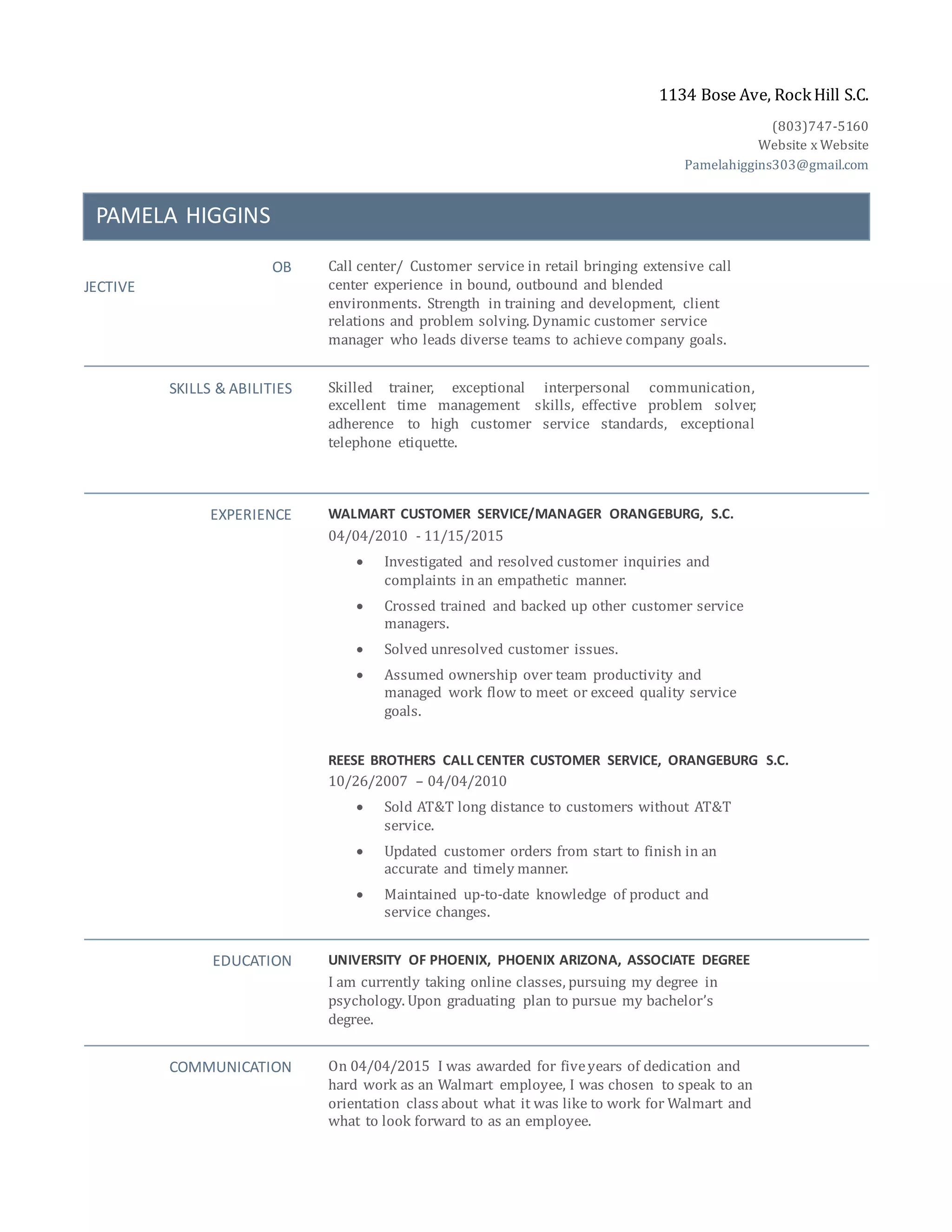 Pamela higgins resume | DOCX