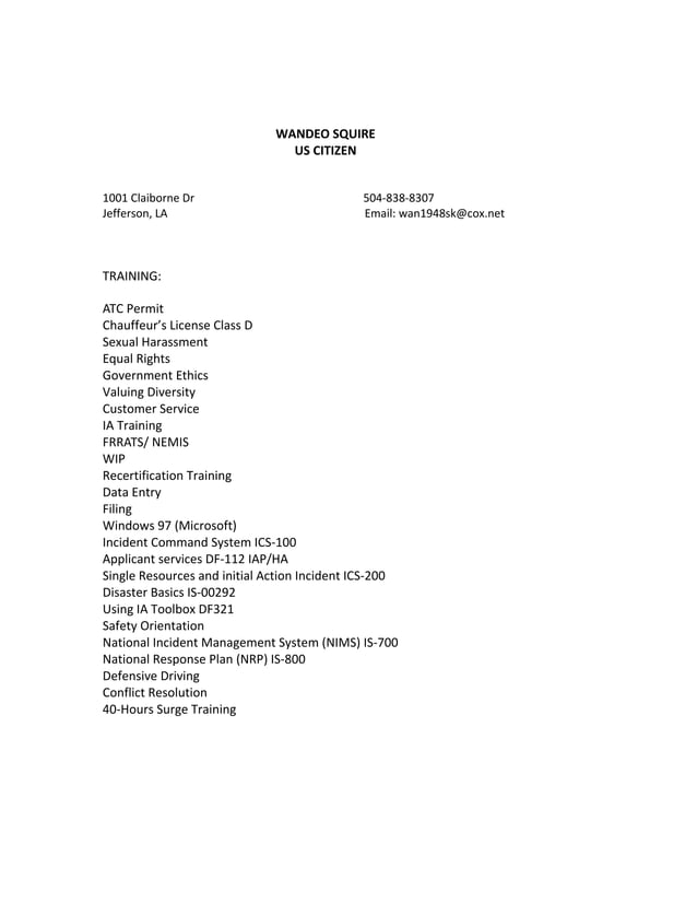 Wandeo Squire -2016 - Resume | RTF