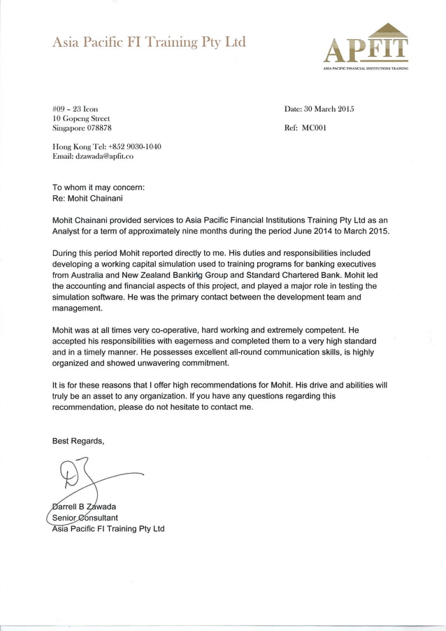 APFIT reference letter for Mohit Chainani-1 | PDF