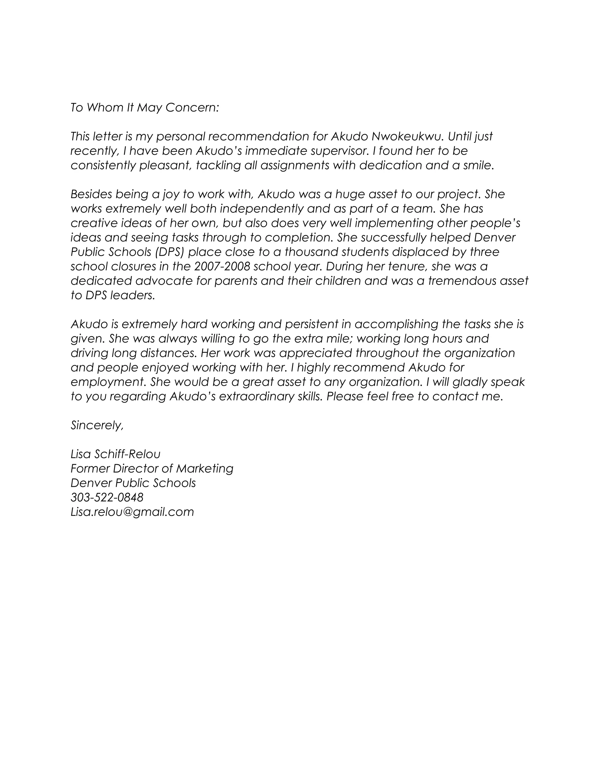 Reference Letter for Akudo Nwokeukwu | DOC