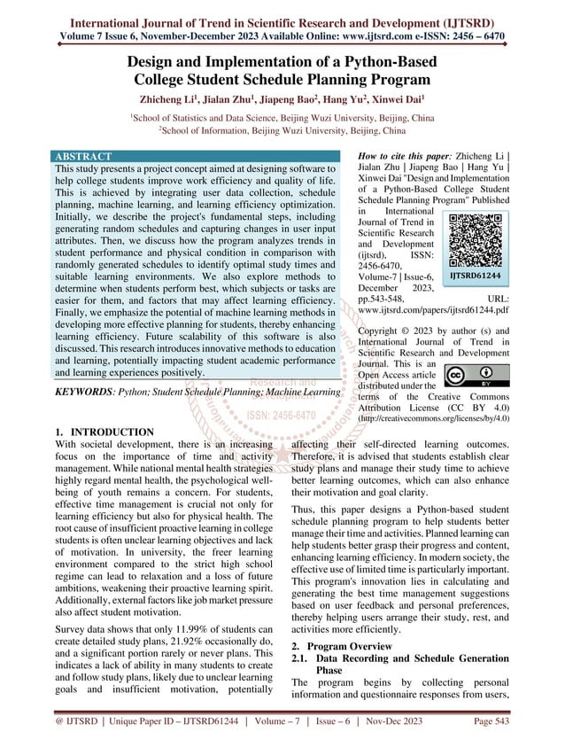 Design and Implementation of a Python Based College Student Schedule Planning Program | PDF