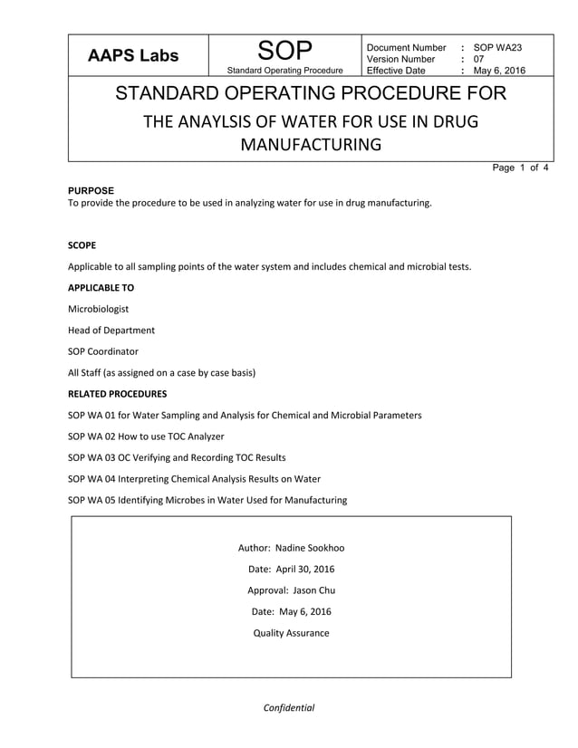 SOP Water Analysis | PDF