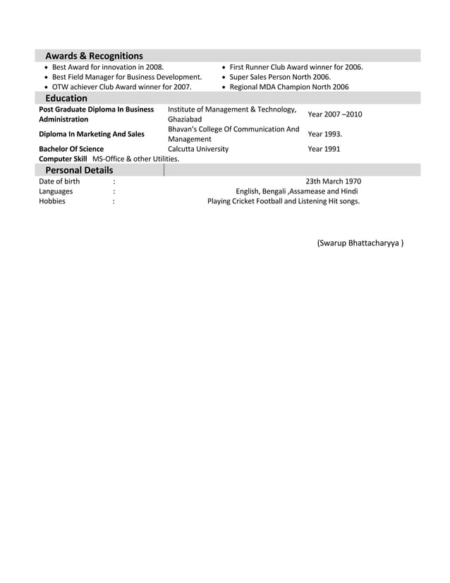 Resume Swarup B 1 | DOC | Business Administration | Business