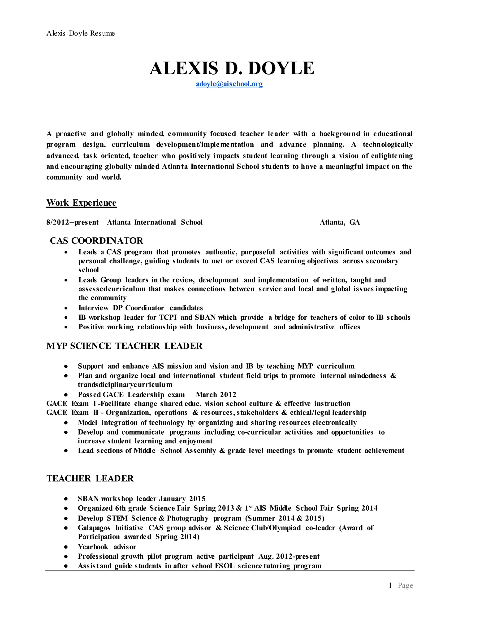 AlexisDoyleresume 2015 | DOCX | Professional School | Postgraduate Education