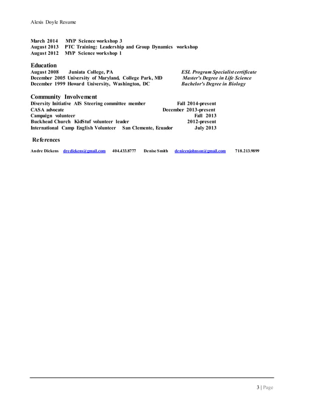 AlexisDoyleresume 2015 | DOCX | Professional School | Postgraduate Education