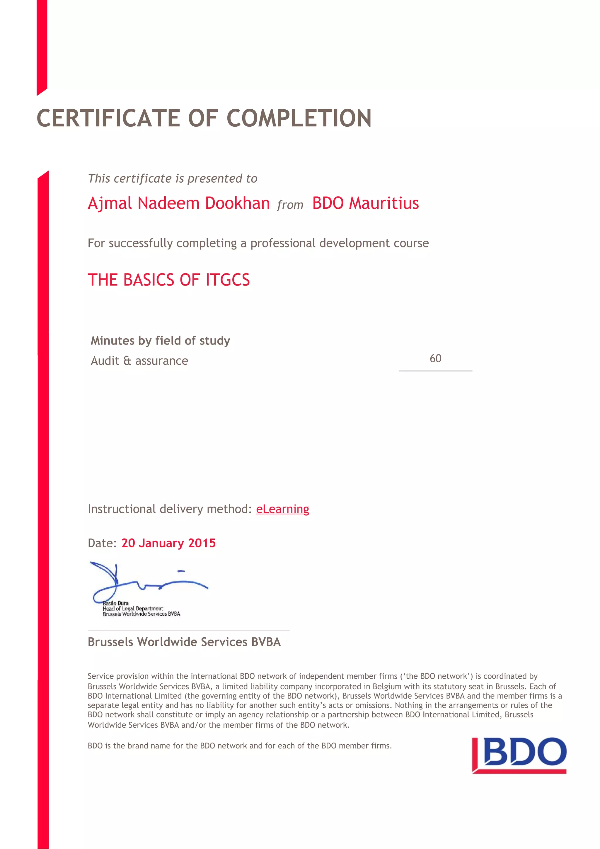 Certificate-THE BASICS OF ITGCS | PDF