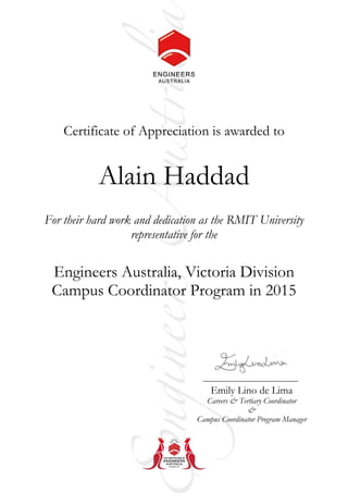 Alain Haddad - 2015 Campus Coordination Program Certificate of ...