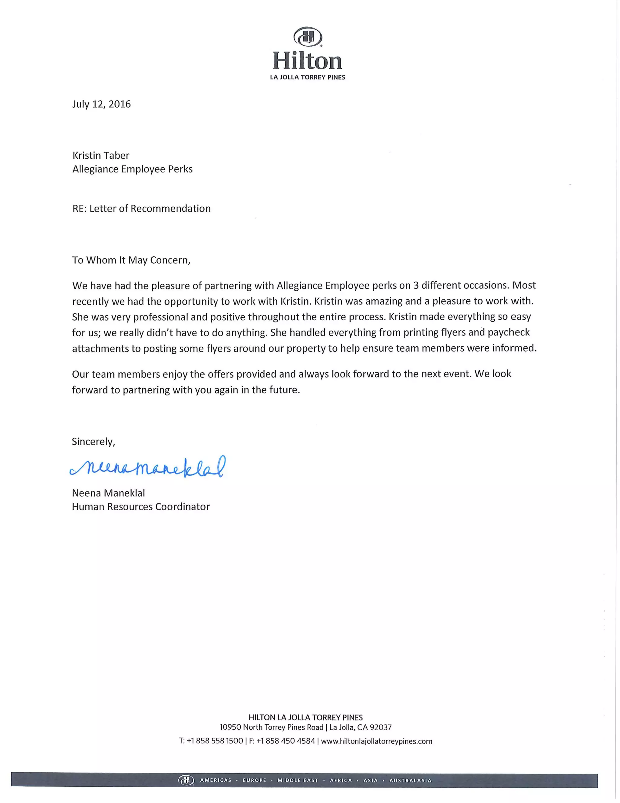 Hilton Letter of Recommendation | PDF