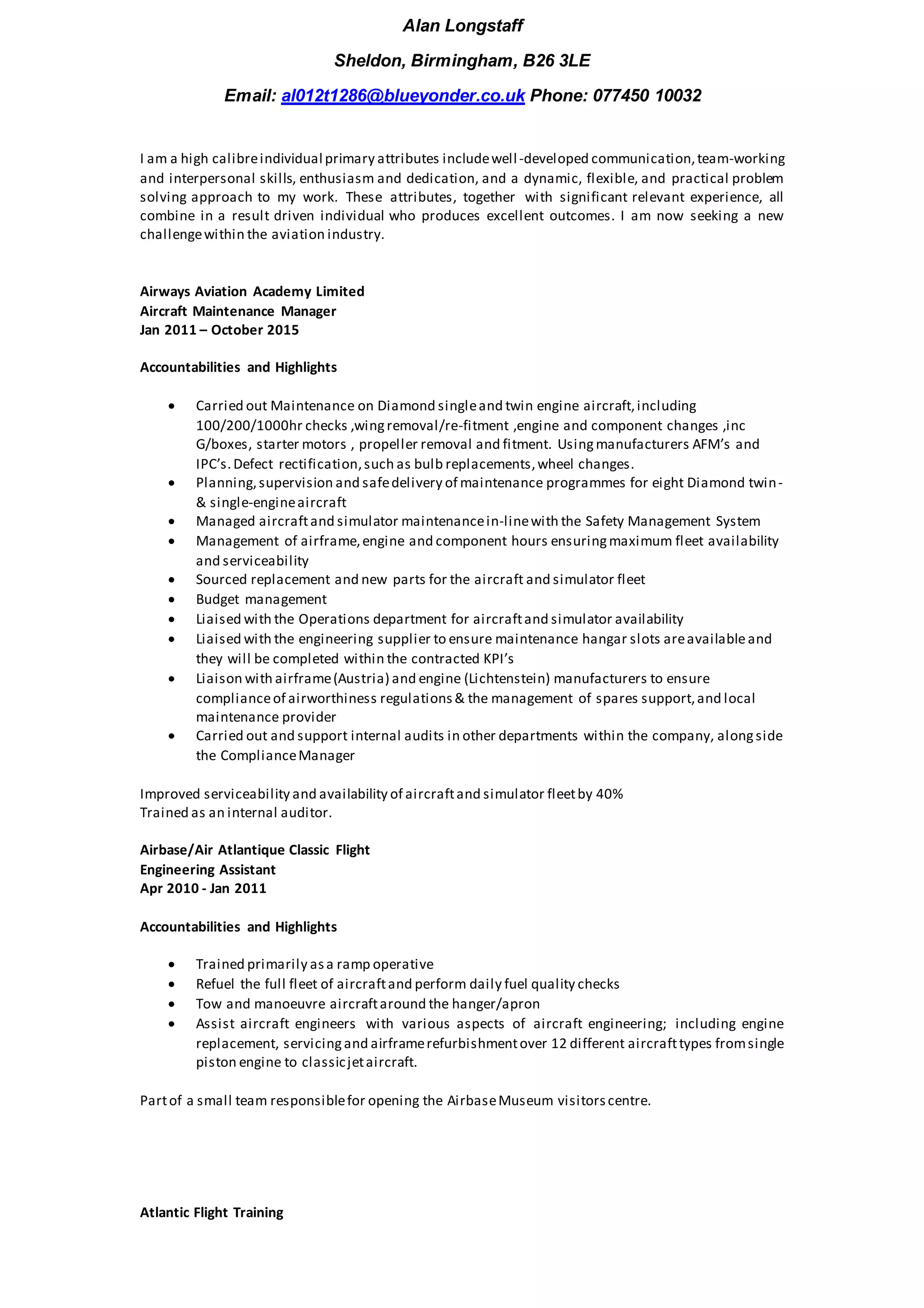 A Longstaff CV eng | DOCX | Aviation Industry | Industries