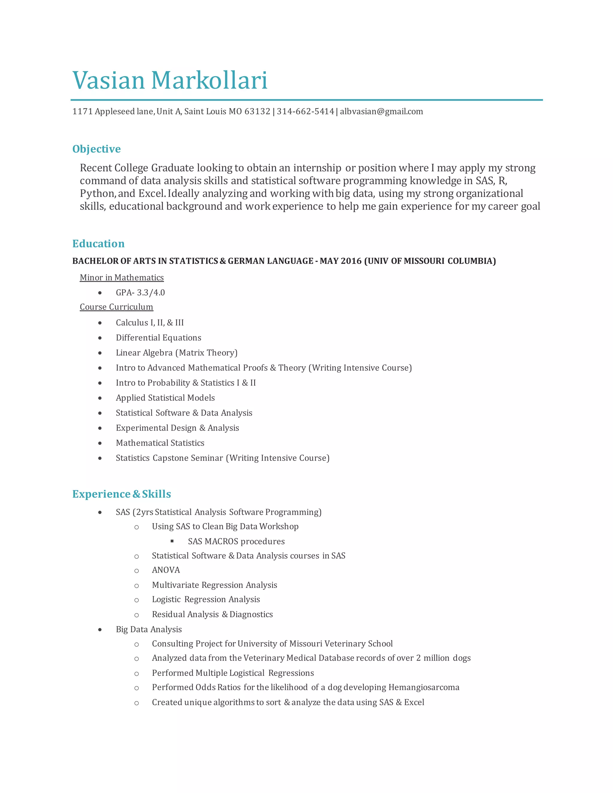 Vasian Markollari Resume 2016 | DOCX