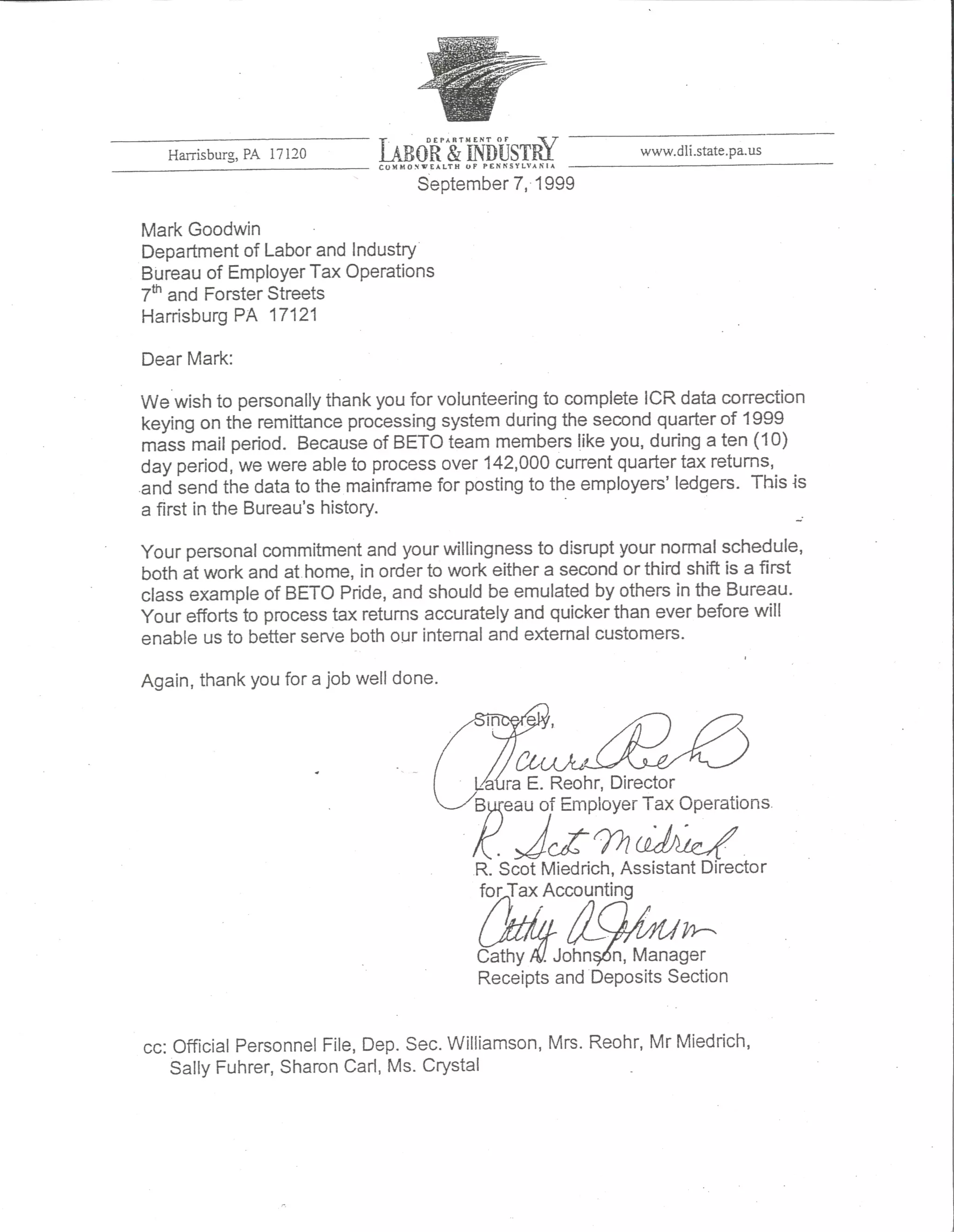 PA LABOR & INDUSTRY RECOMMENDATION LETTER SEPTEMBER 1999 | PDF