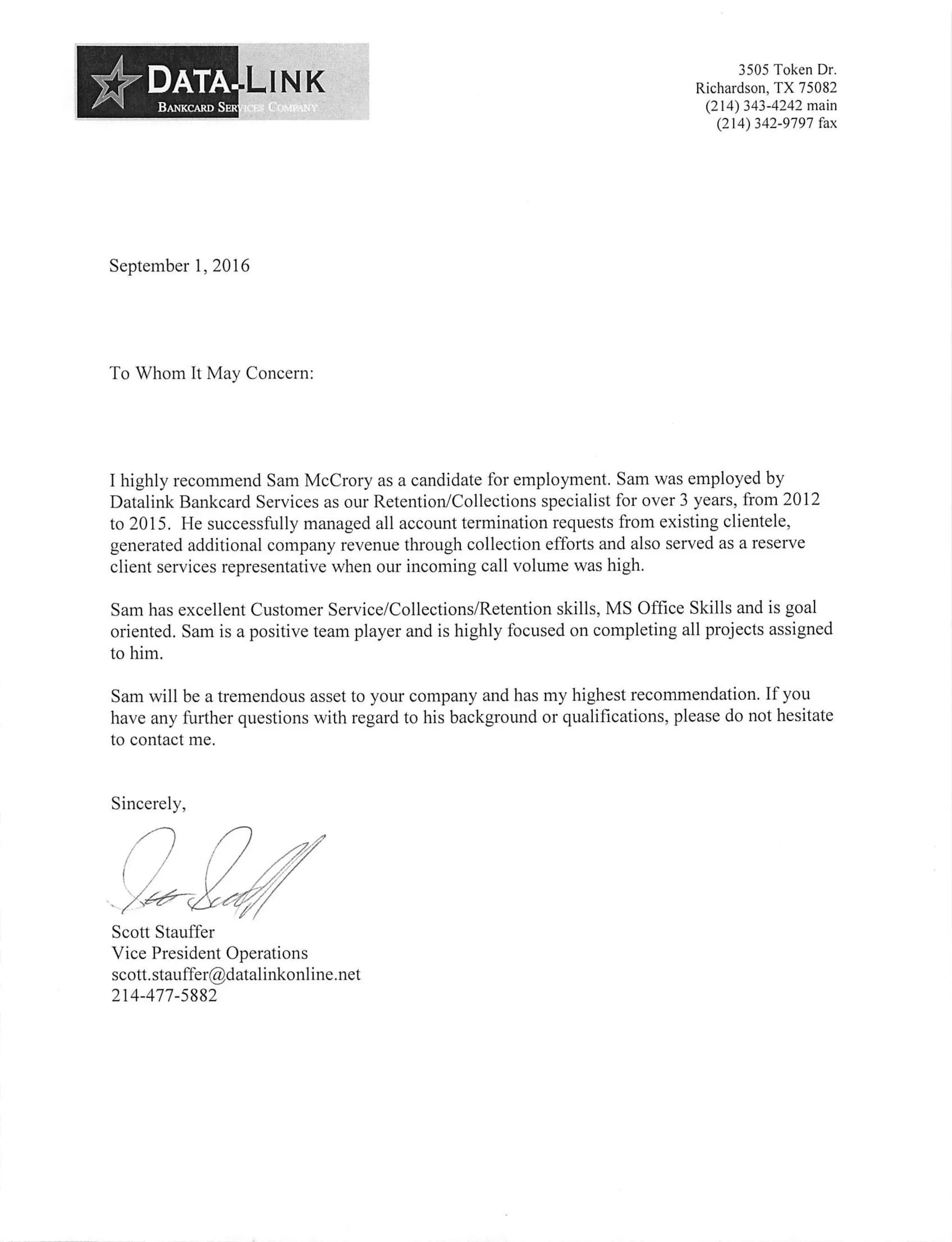 SAM MCCRORY RECOMMENDATION LETTER | PDF