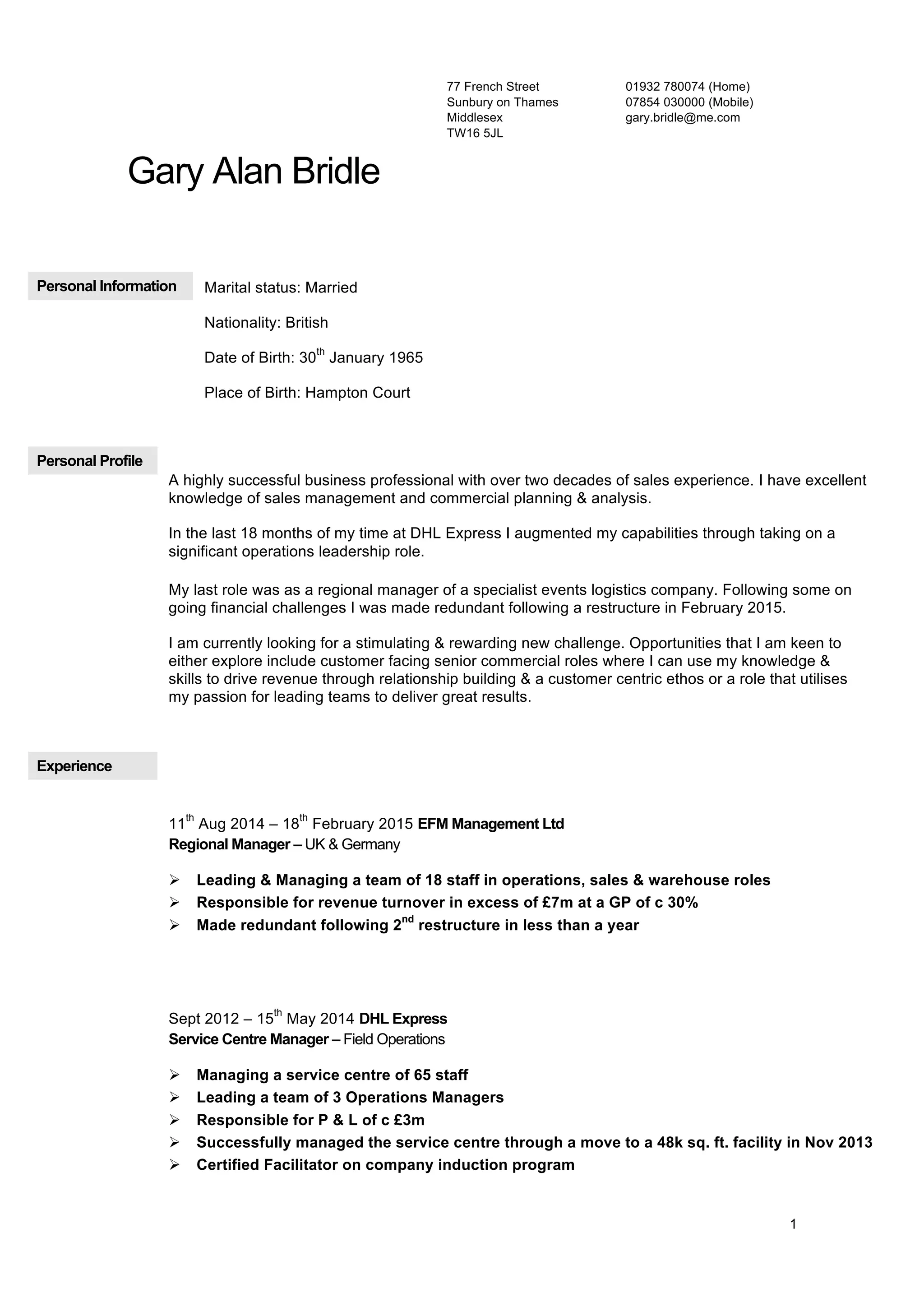 CV Gary Bridle February 15 | PDF