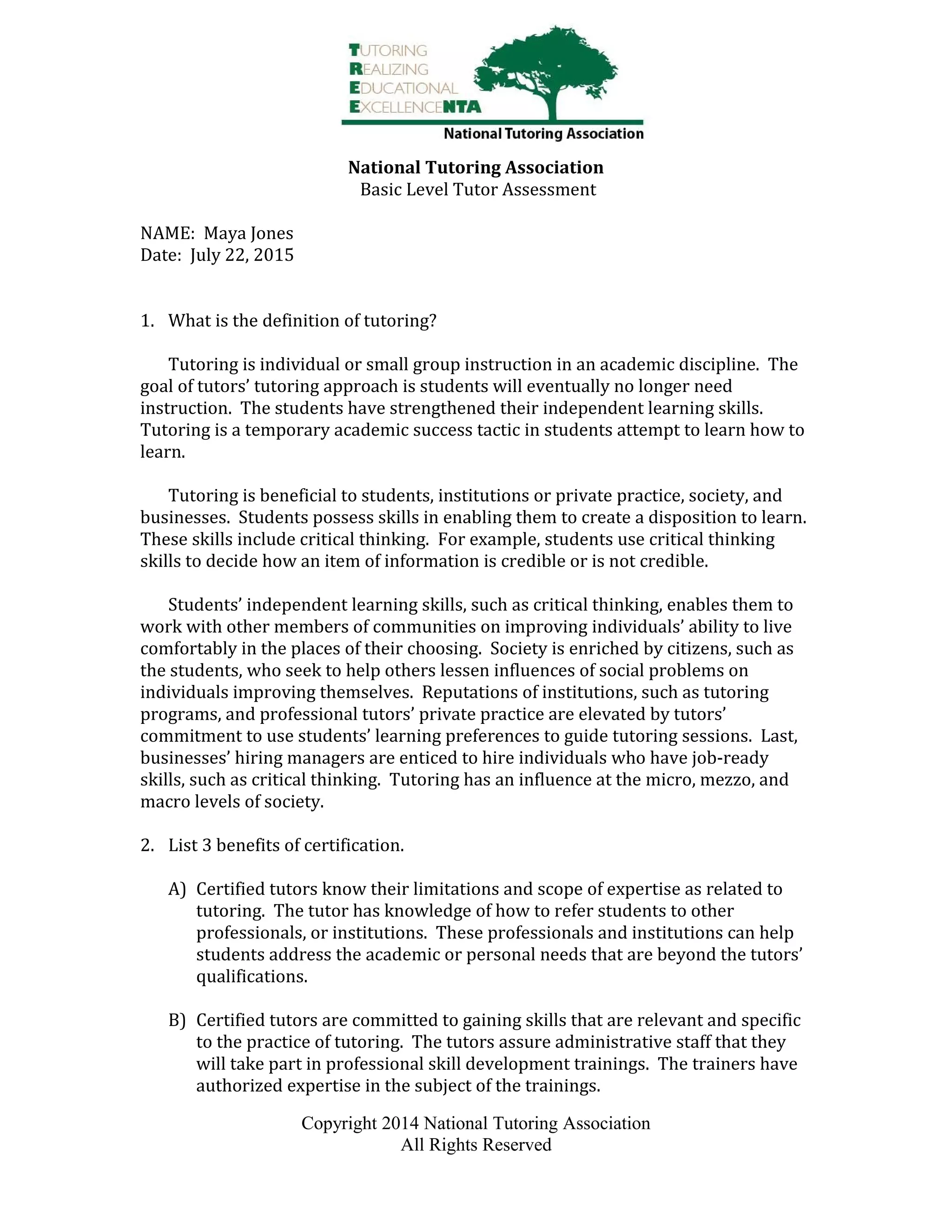 Jones, M., NTA 2015 Basic Level Webinar Assessment | DOC