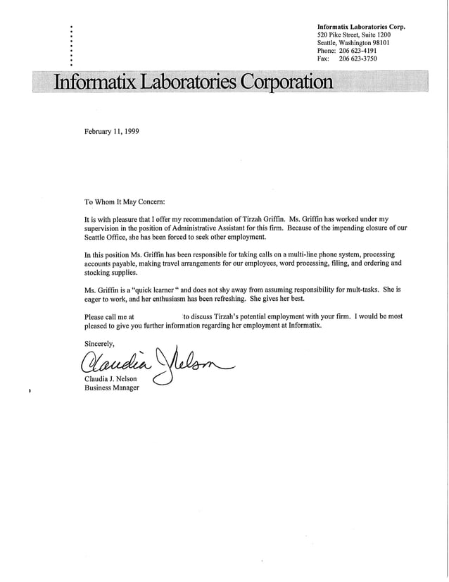 Informatix Laboratories Corp Reference Letter | PDF