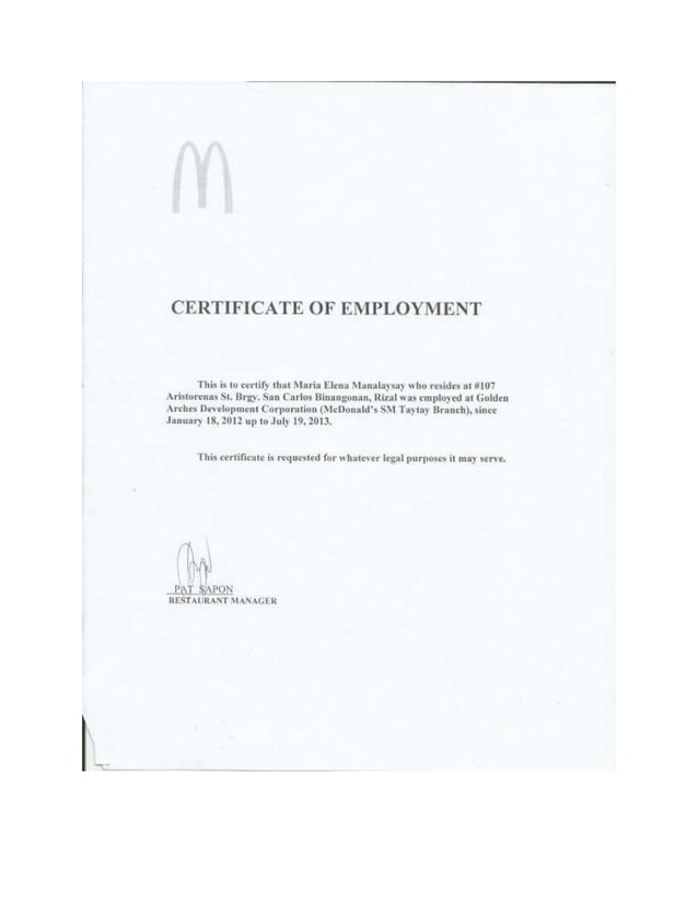MCDO Certificate of Employment | DOCX