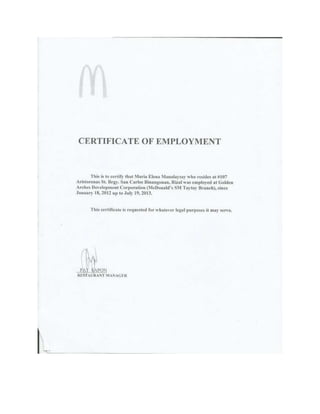 MCDO Certificate of Employment | PDF