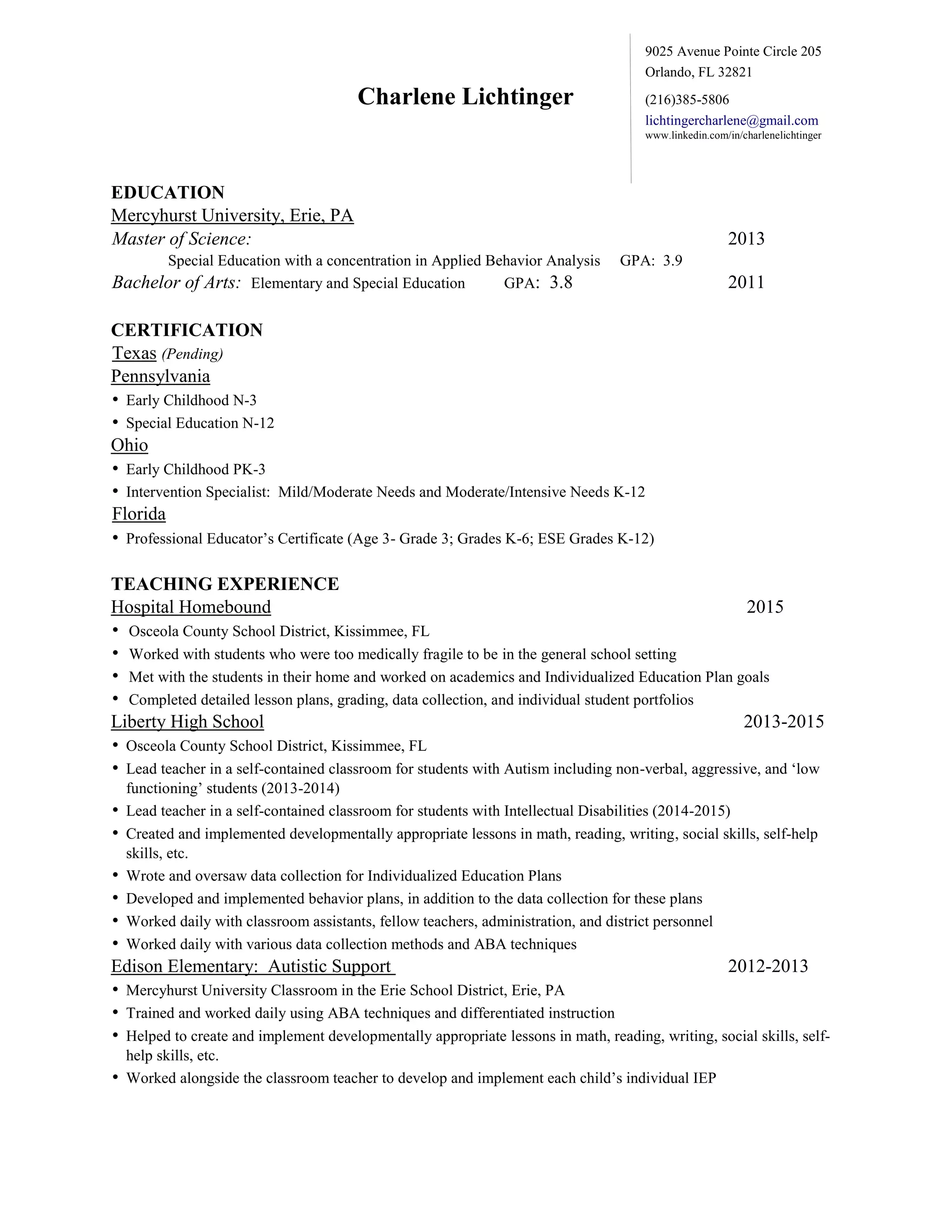 Charlene M. Lichtinger's Resume 2015 | PDF