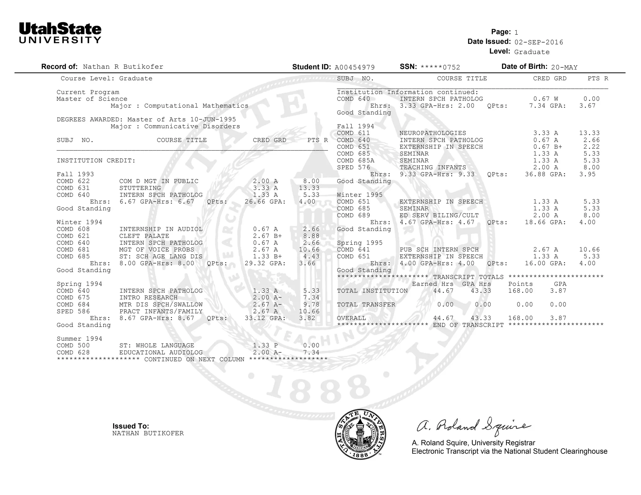 USU Transcripts--Nate Butikofer | PDF