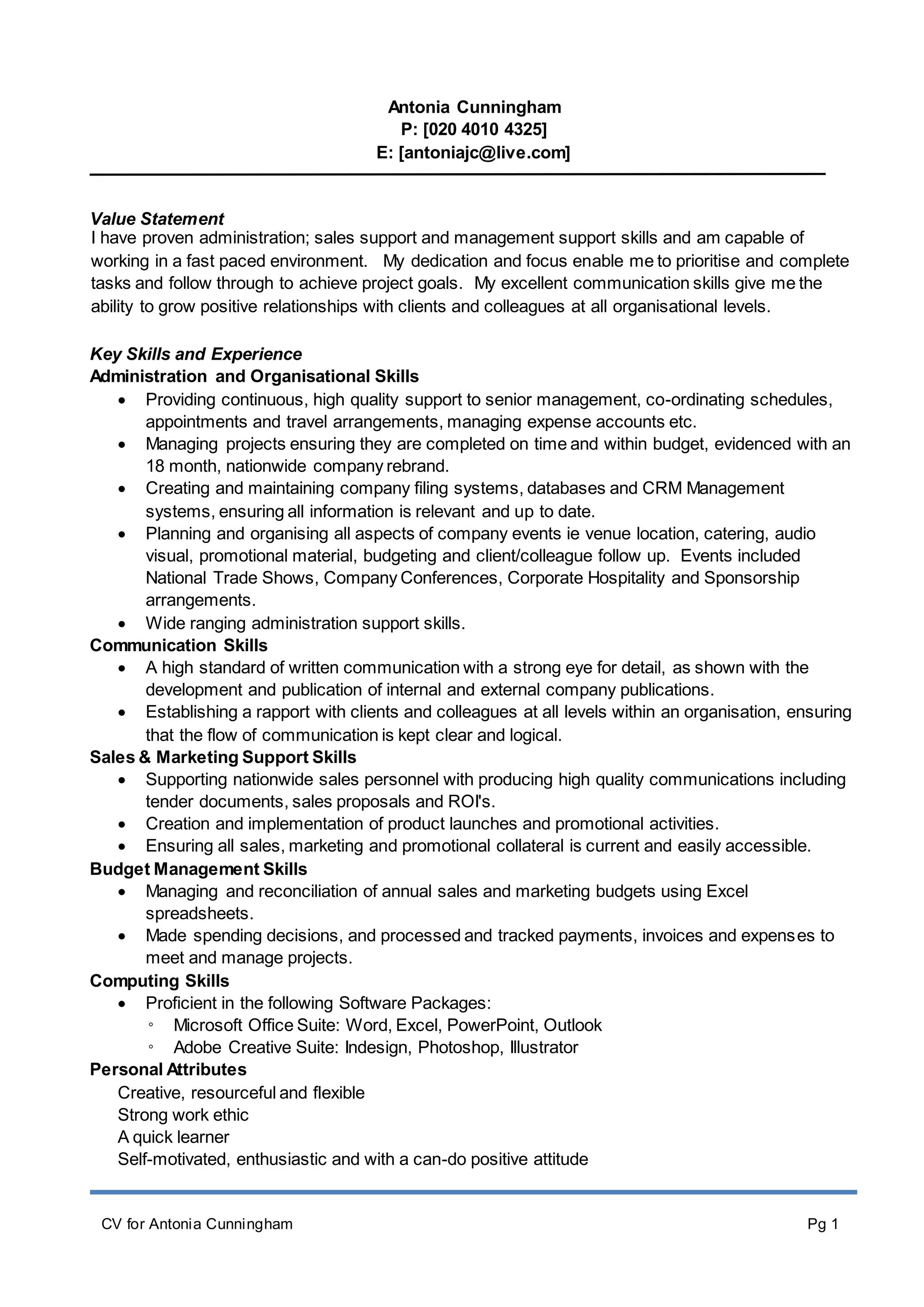 CV Antonia Cunningham | DOCX | Business Administration | Business