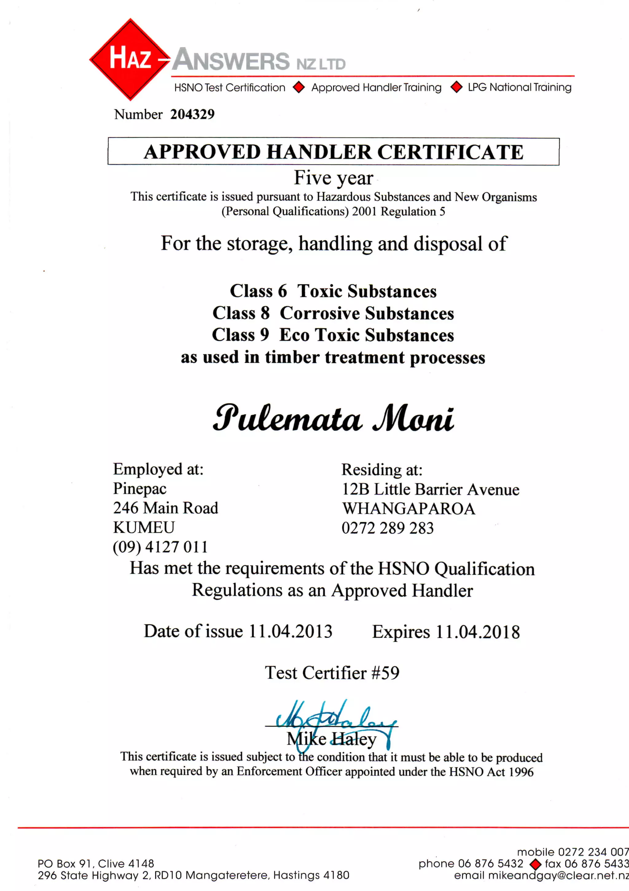 HSNO approved handler Cert | PDF