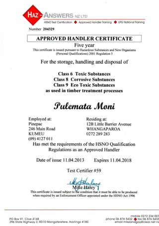 HSNO approved handler Cert | PDF