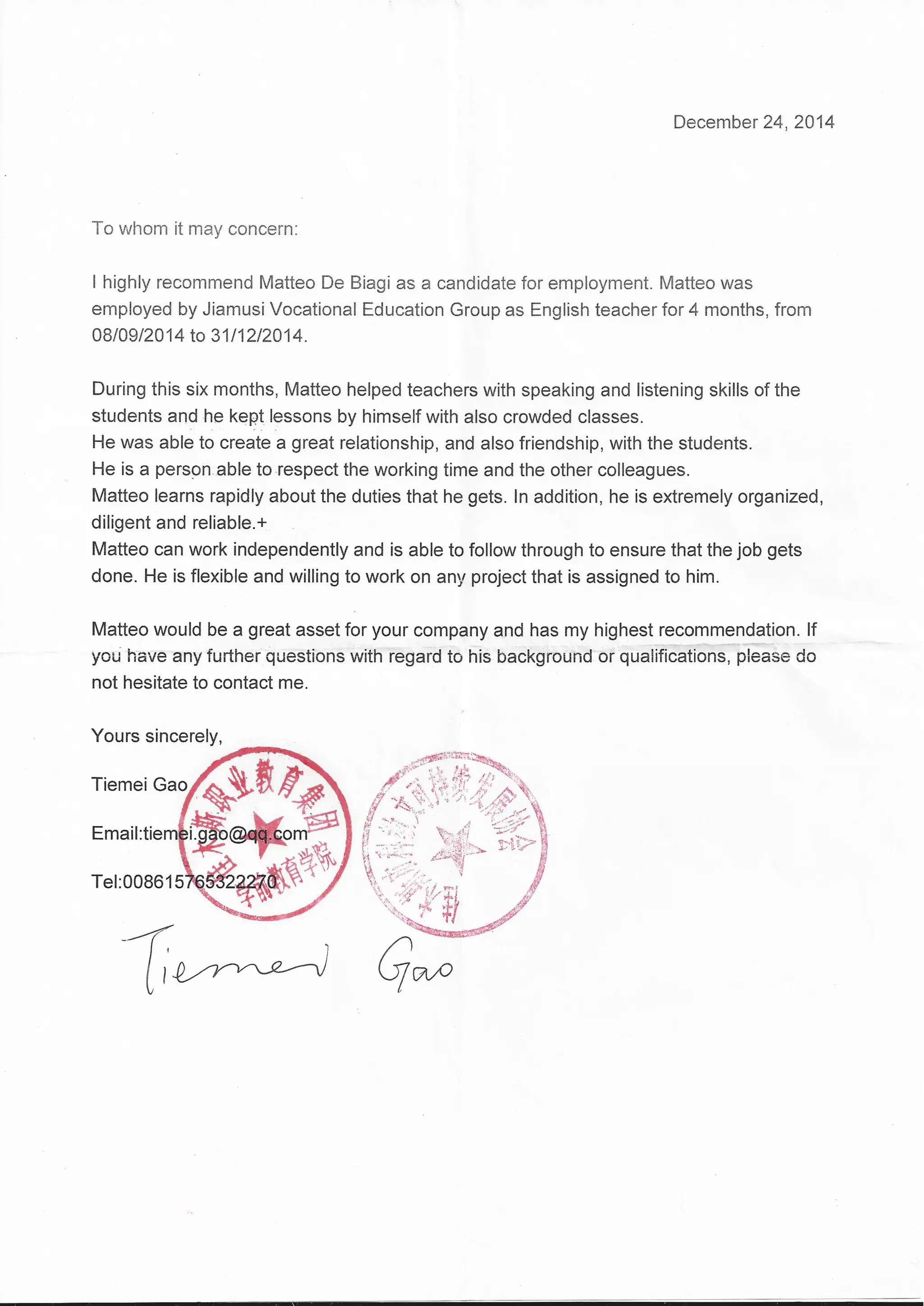 Reference Letter China - Matteo De Biagi | PDF