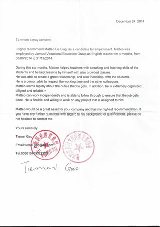 Reference Letter China - Matteo De Biagi | PDF